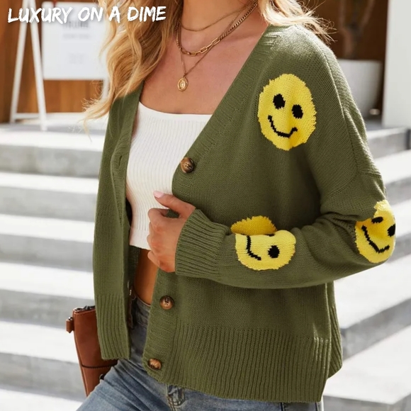Sweaters | Retro Smiley Face Cropped Classic Knit Button Front Long ...